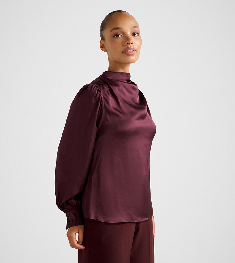 Buy Forever New NANCY Drape Neck Button Top In Burgundy | 6thstreet Kuwait
