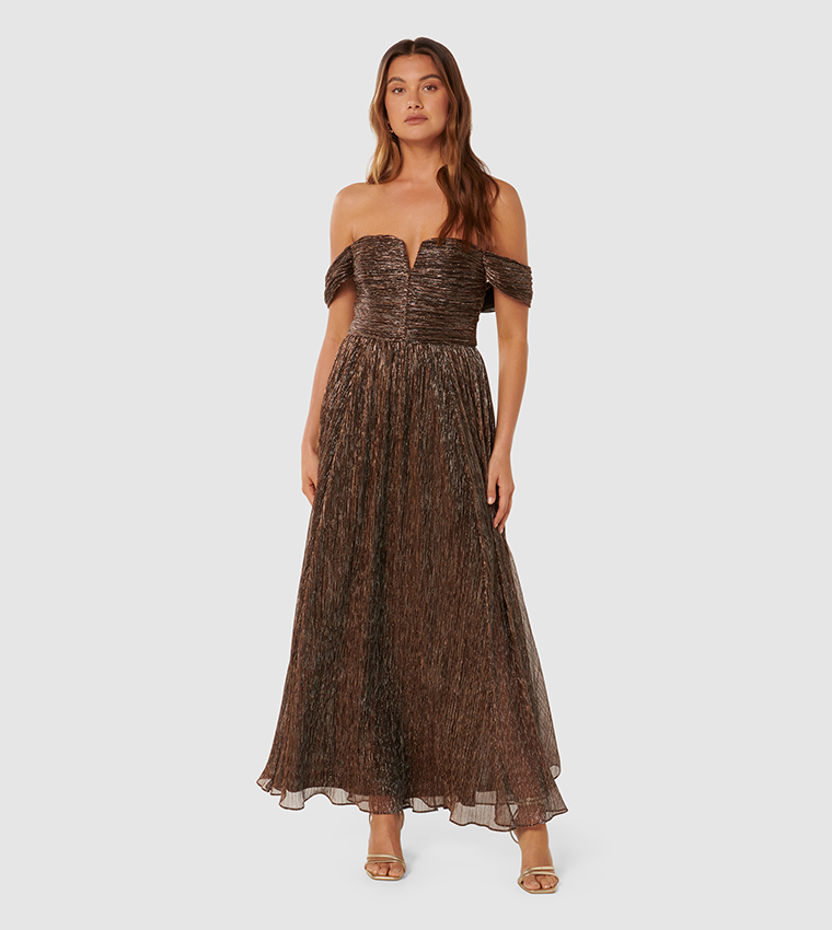 Buy Forever New RENEE Textured Off Shoulder Dress In Brown | 6thStreet ...
