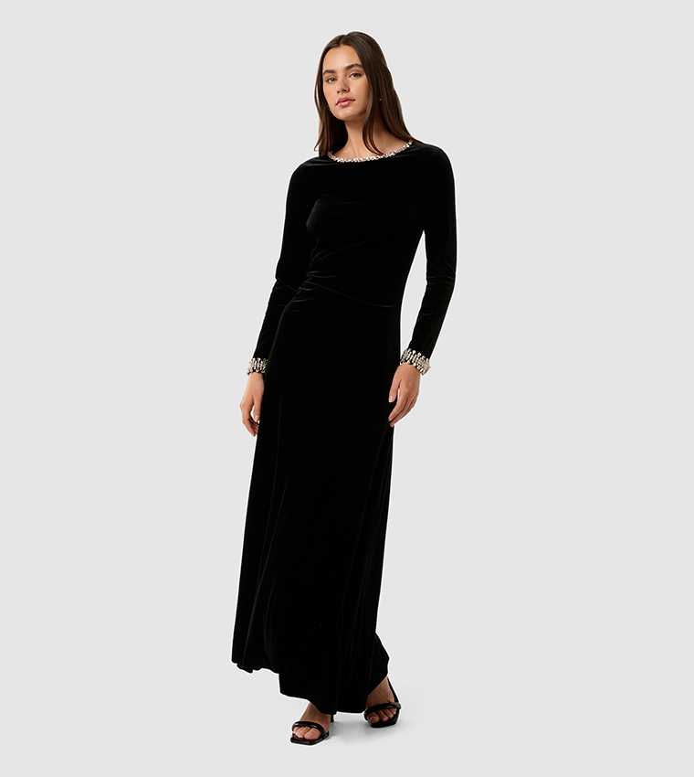 Buy Forever New KEHLANI Embellished Velvet Maxi Dress In Black ...