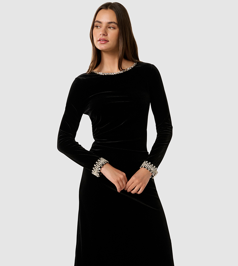 Buy Forever New KEHLANI Embellished Velvet Maxi Dress In Black ...