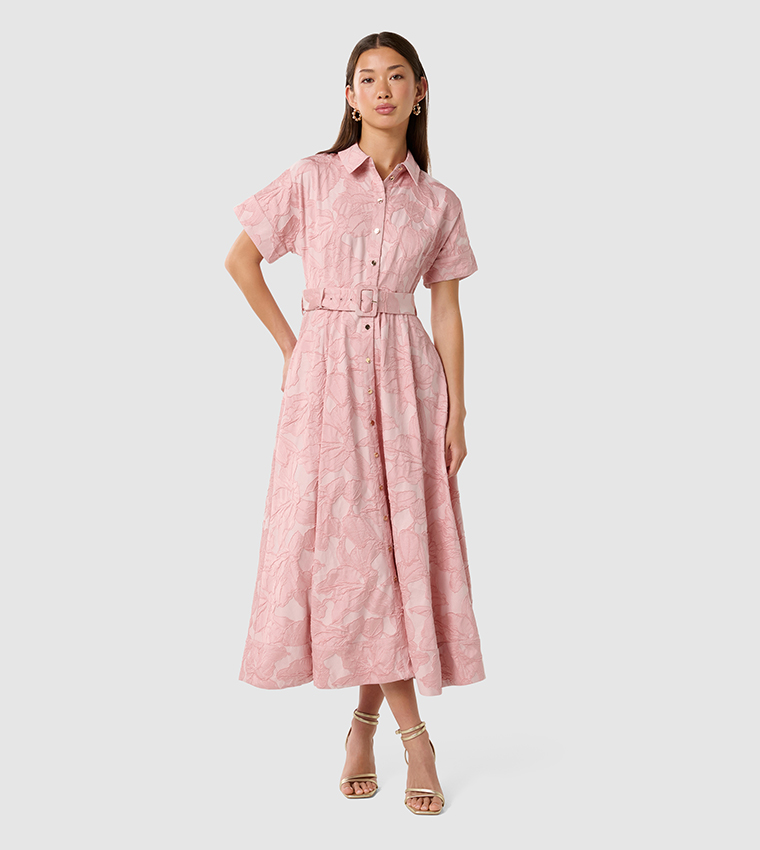 Buy Forever New JUDITH Jacquard Belted Shirt Dress In Pink | 6thStreet UAE