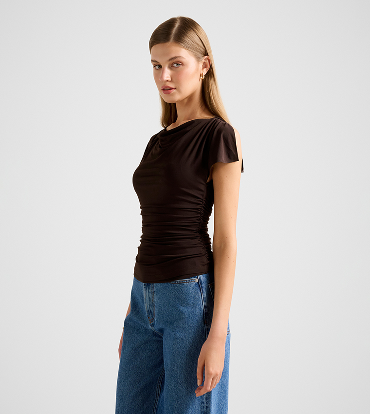 Buy Forever New FN STORMI Solid Flutter Sleeves Top In Brown ...