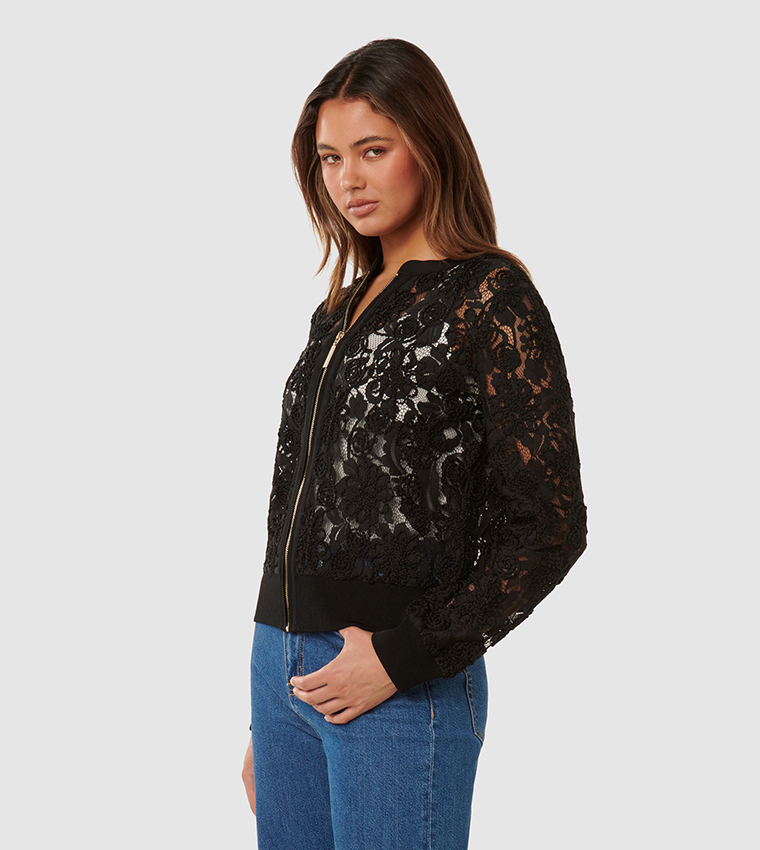 Buy Forever New RILEY Lace Mixed Knit Bomber Jacket In Black ...
