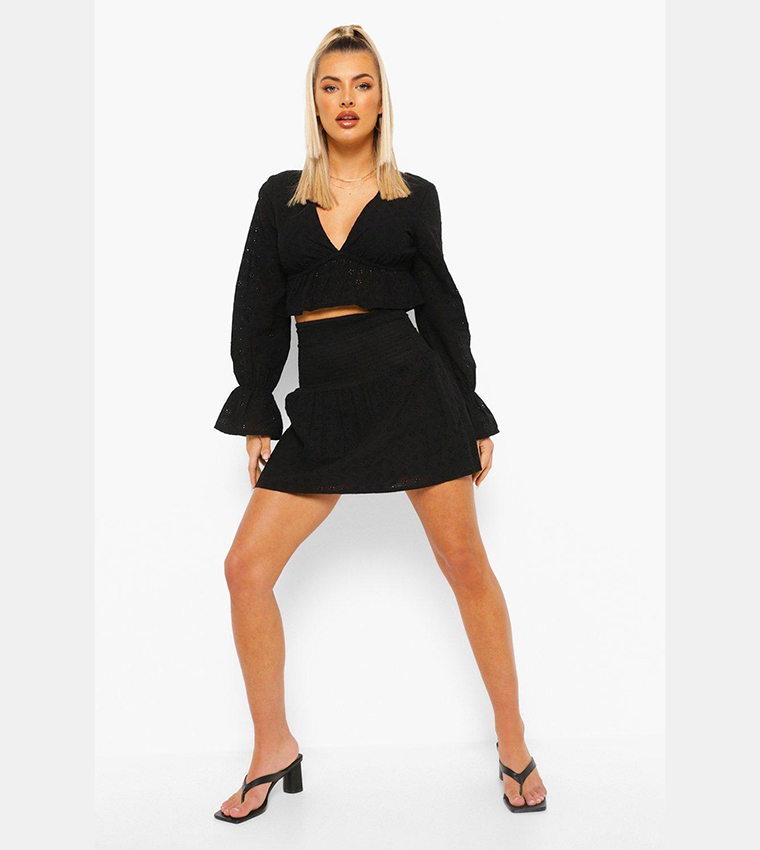 Buy Boohoo Broderie Pep Hem Top And Mini Skirt Set In Black | 6thStreet ...