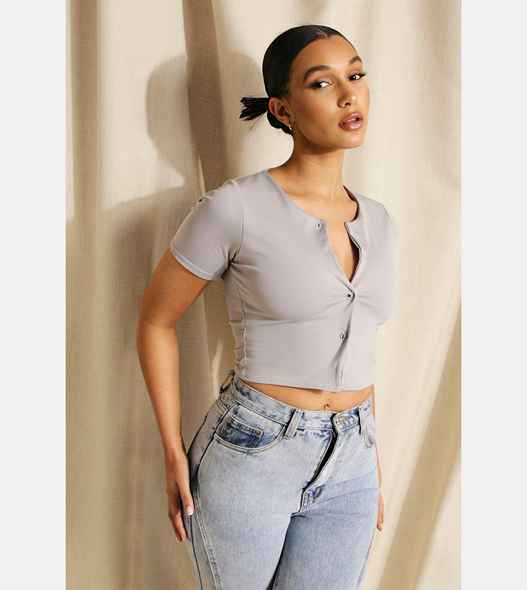Buy Boohoo Basic Ribbed Button Through Top In Grey | 6thStreet Bahrain