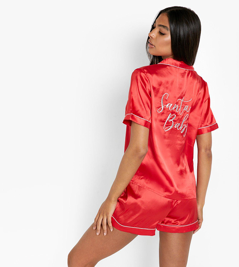 Buy Boohoo Tall Santa Baby Satin 3 Piece PJ Eye Mask Set In Red ...