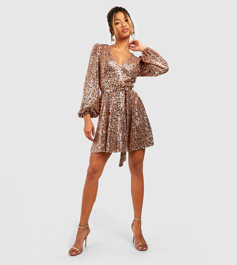Buy Boohoo Sequin Plunge Blouson Sleeve Skater Party Dress In Gold