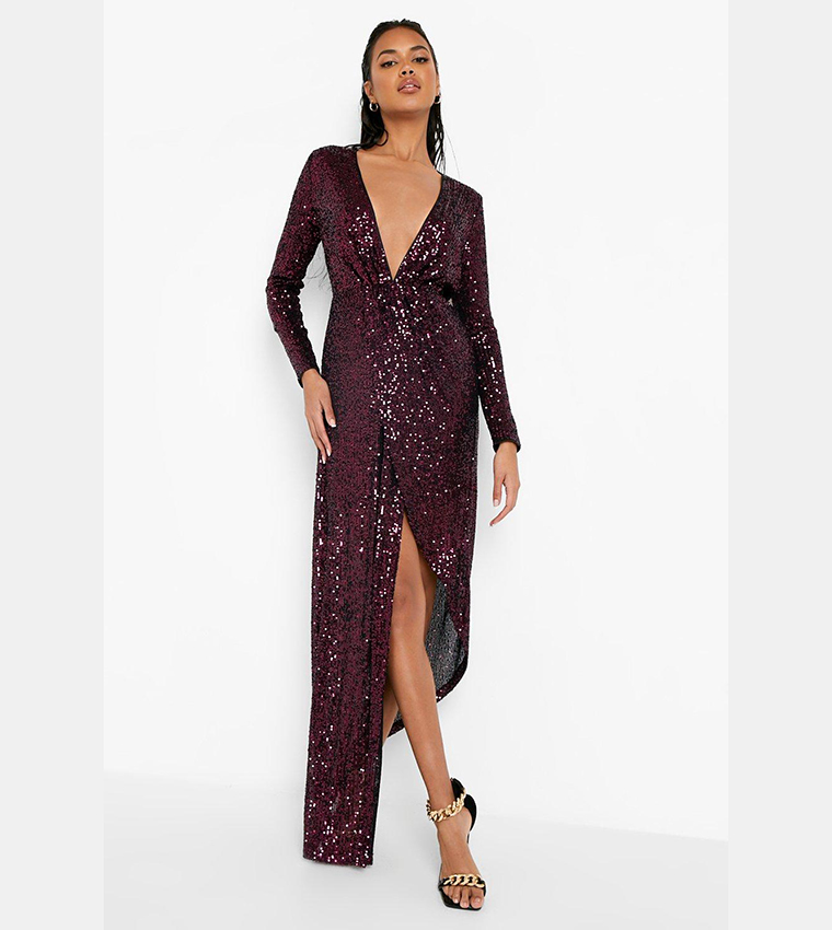 Buy Boohoo Sequin Wrap Plunge Maxi Party Dress In Red | 6thStreet Saudi ...