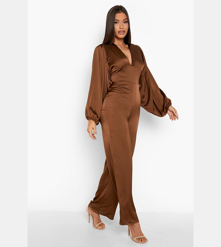 Buy Boohoo Satin Plunge Batwing Wide Leg Jumpsuit In Brown | 6thStreet ...