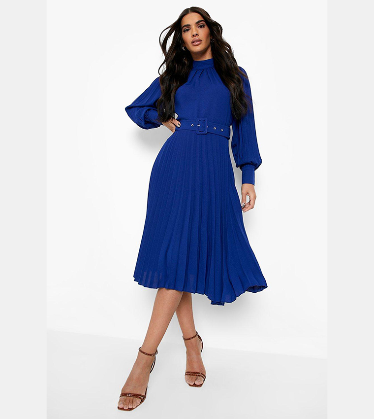 Buy Boohoo Belted High Neck Pleated Skater Dress In Blue 6thstreet Kuwait