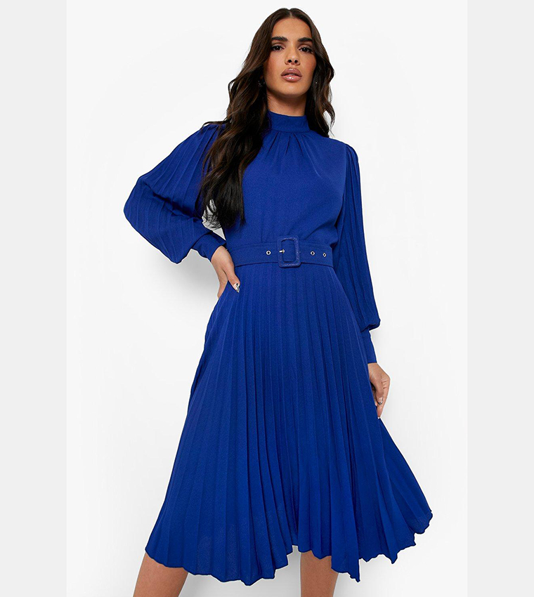 Buy Boohoo Belted High Neck Pleated Skater Dress In Blue 6thstreet Kuwait