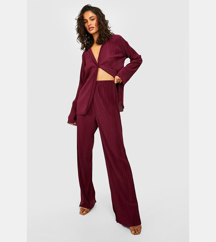 Buy Boohoo Plisse Shirt And Wide Leg Trousers Co Ord Set In Purple ...