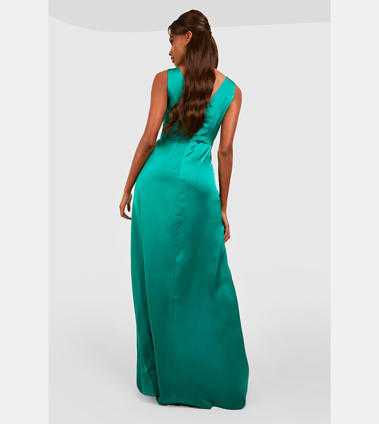 Buy Boohoo Satin Twist Detail Split Maxi Dress In Bright Green