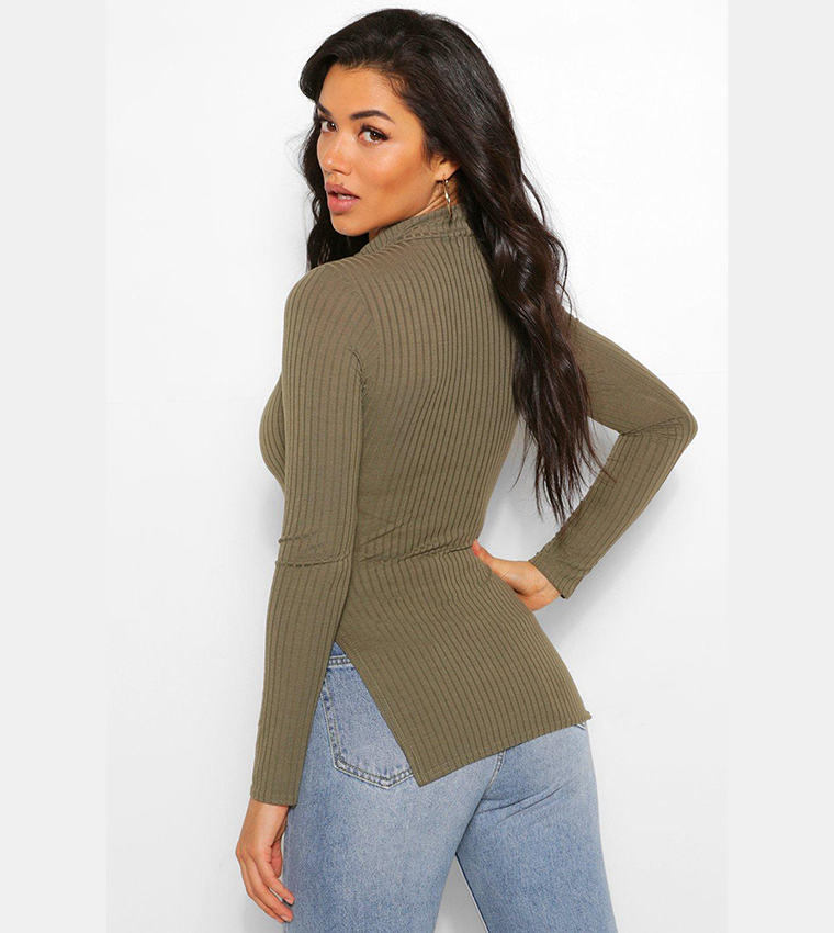 Buy Boohoo Side Split Turtle Neck Knitted Ribbed Top In Khaki ...