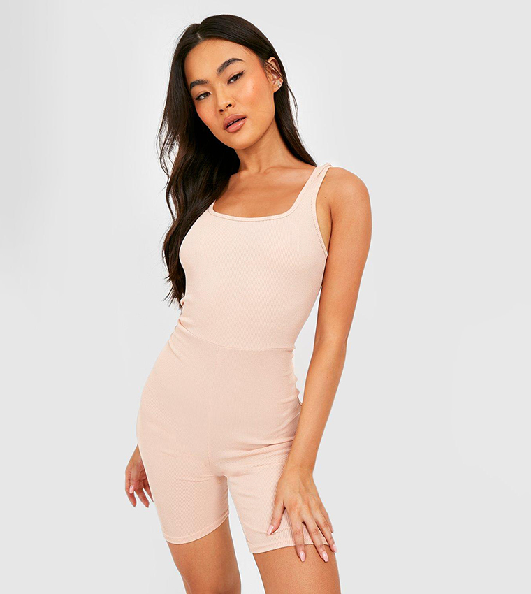 Buy Boohoo Basic Ribbed Strappy Unitard In Nude | 6thStreet Saudi Arabia
