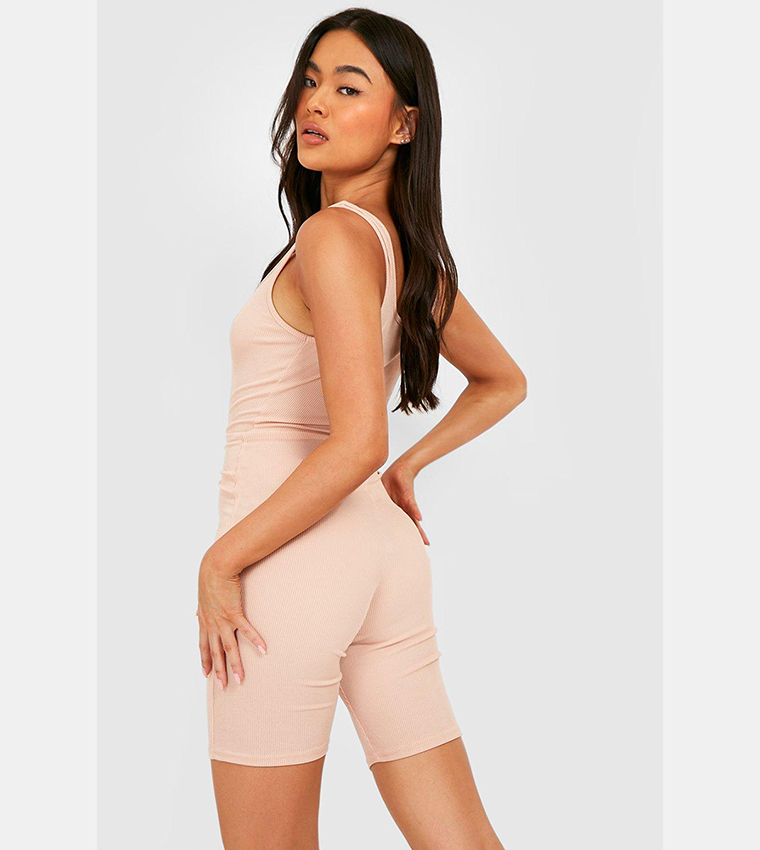 Buy Boohoo Basic Ribbed Strappy Unitard In Nude | 6thStreet Saudi Arabia
