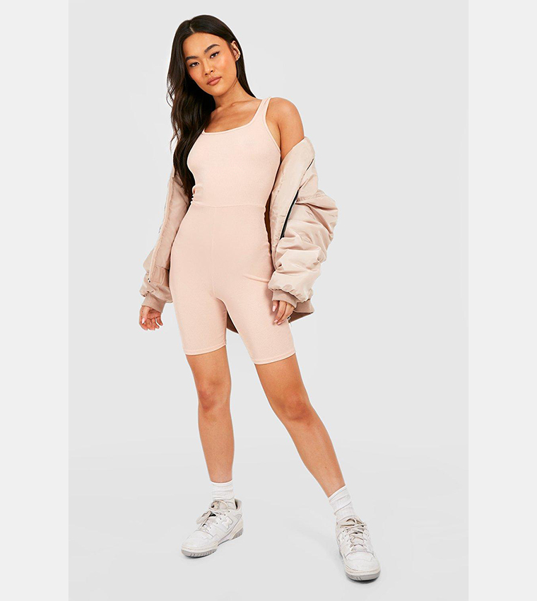 Buy Boohoo Basic Ribbed Strappy Unitard In Nude | 6thStreet Saudi Arabia