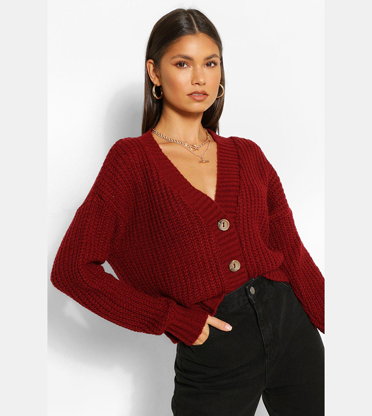 Buy Boohoo Chunky Knit Cropped Cardigan In Wine | 6thStreet Saudi Arabia