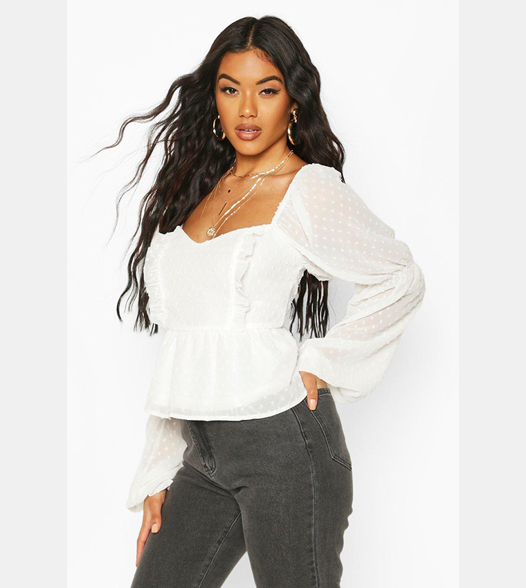 Buy Boohoo Dobby Chiffon Ruffle Top In Ivory | 6thStreet Qatar