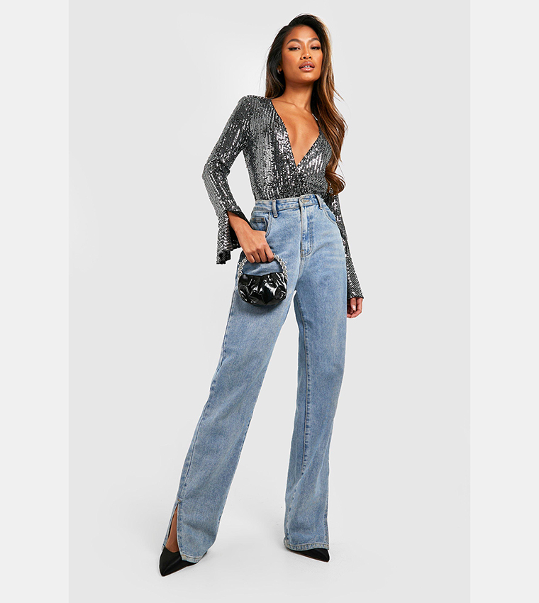 Buy Boohoo Sequins Wrap Ruffle Cuff Bodysuit In Black | 6thstreet Qatar
