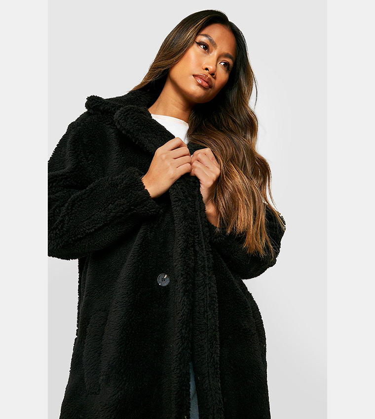 Buy Boohoo Oversized Teddy Faux Fur Coat In Black | 6thStreet Bahrain