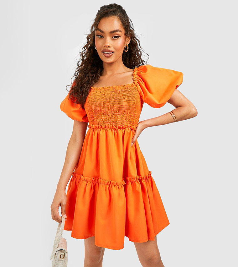 Buy Boohoo Puff Sleeves Shirred Tiered Smock Dress In Orange
