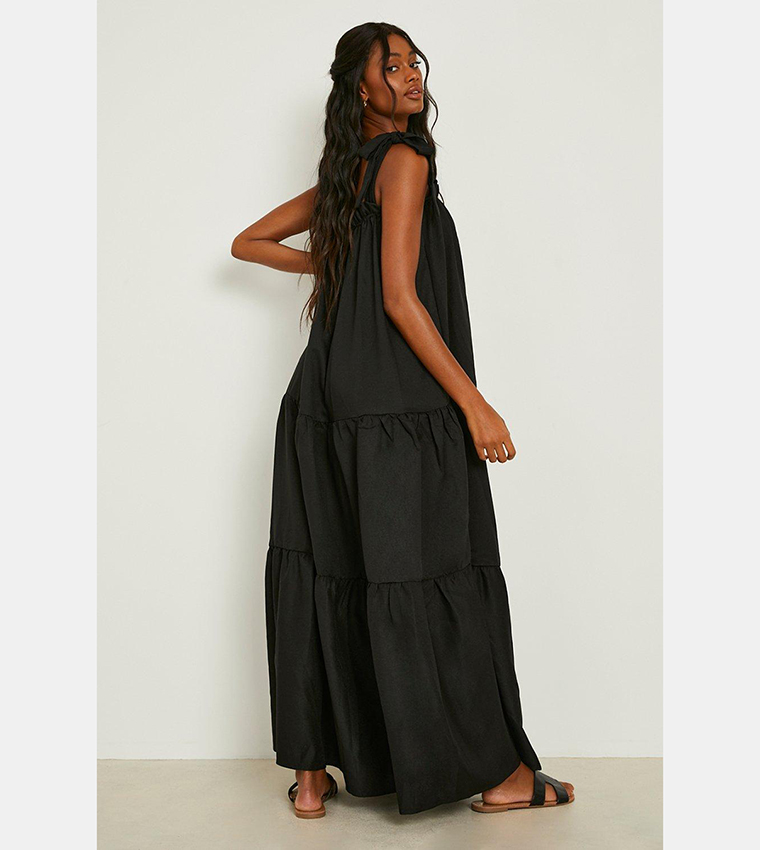 Buy Boohoo Tie Strap Square Neck Tiered Maxi Dress In Black | 6thStreet ...