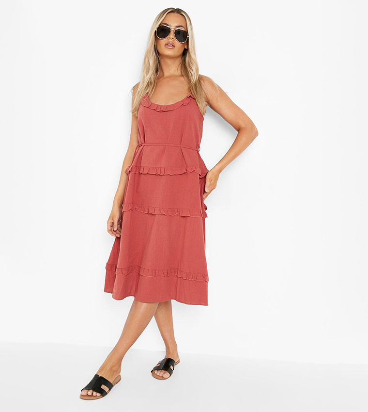 Buy Boohoo Cheesecloth Tiered Frill Midi Skater Dress In Rust ...