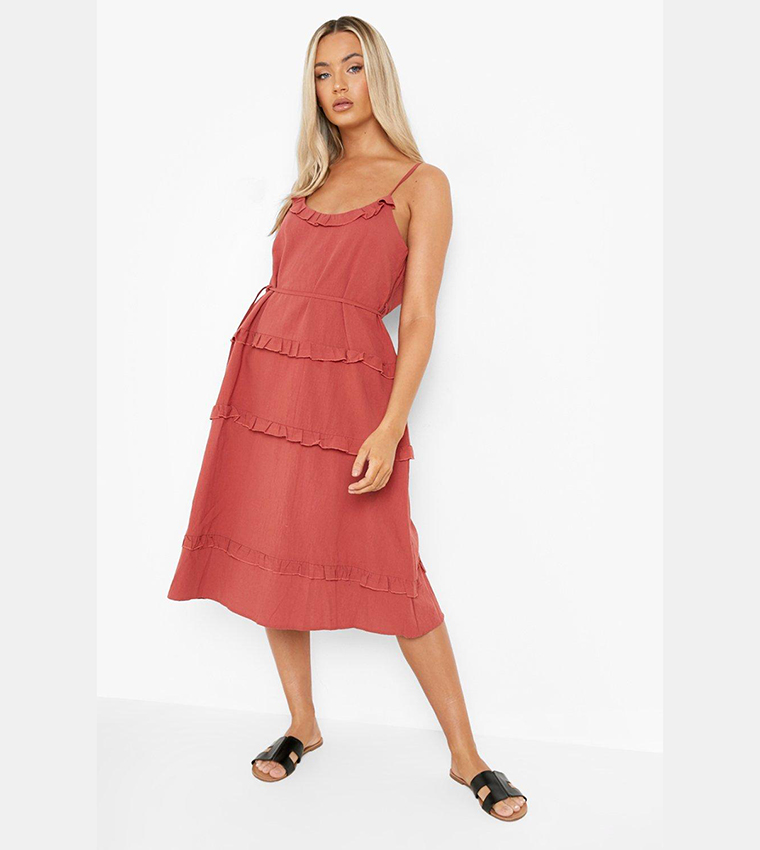 Buy Boohoo Cheesecloth Tiered Frill Midi Skater Dress In Rust ...