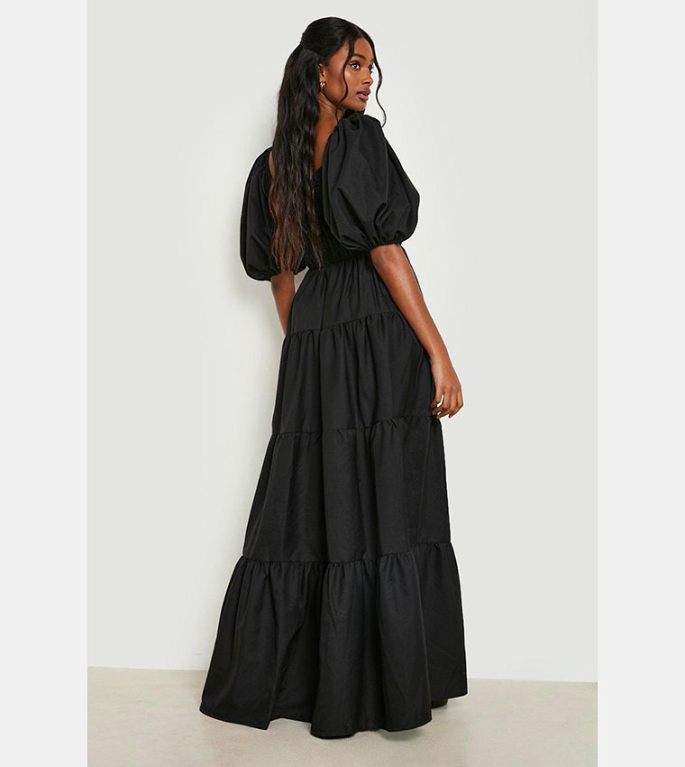 Buy Boohoo Extreme Puff Sleeves Shirred Maxi Smock Dress In Black ...