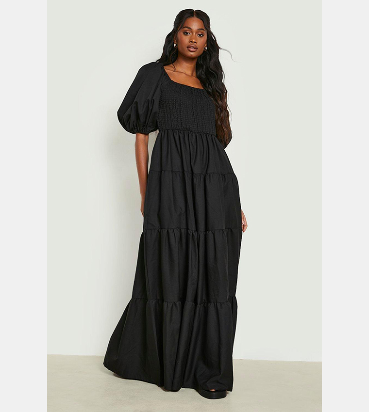 Buy Boohoo Extreme Puff Sleeves Shirred Maxi Smock Dress In Black ...