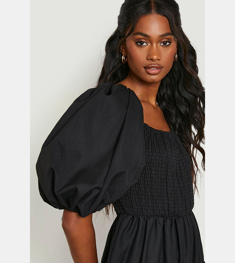 Buy Boohoo Extreme Puff Sleeves Shirred Maxi Smock Dress In Black ...