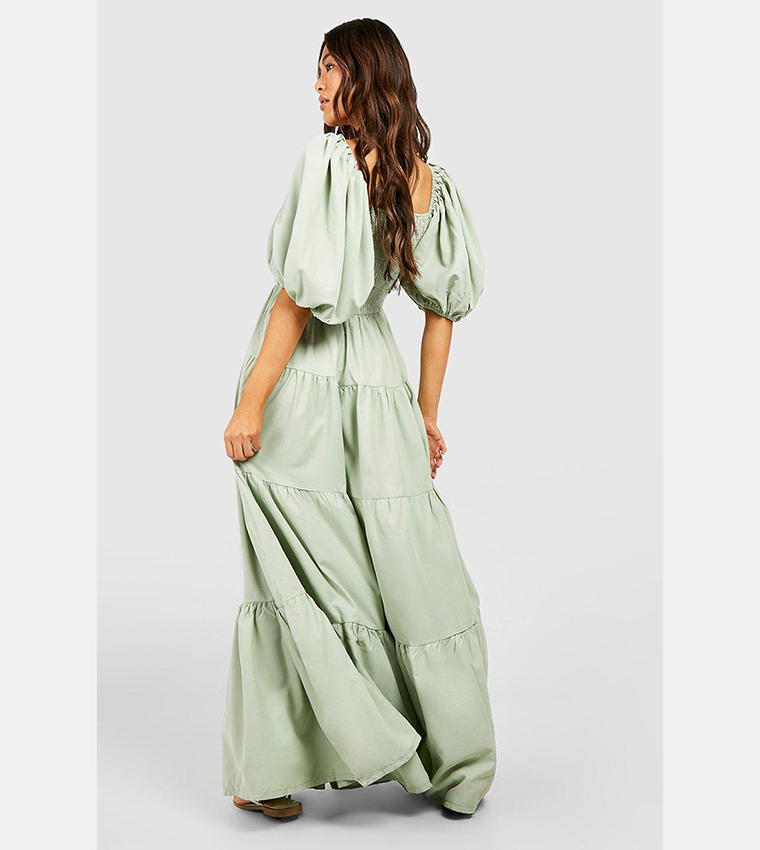 Buy Boohoo Extreme Puff Sleeves Shirred Maxi Smock Dress In Sage ...
