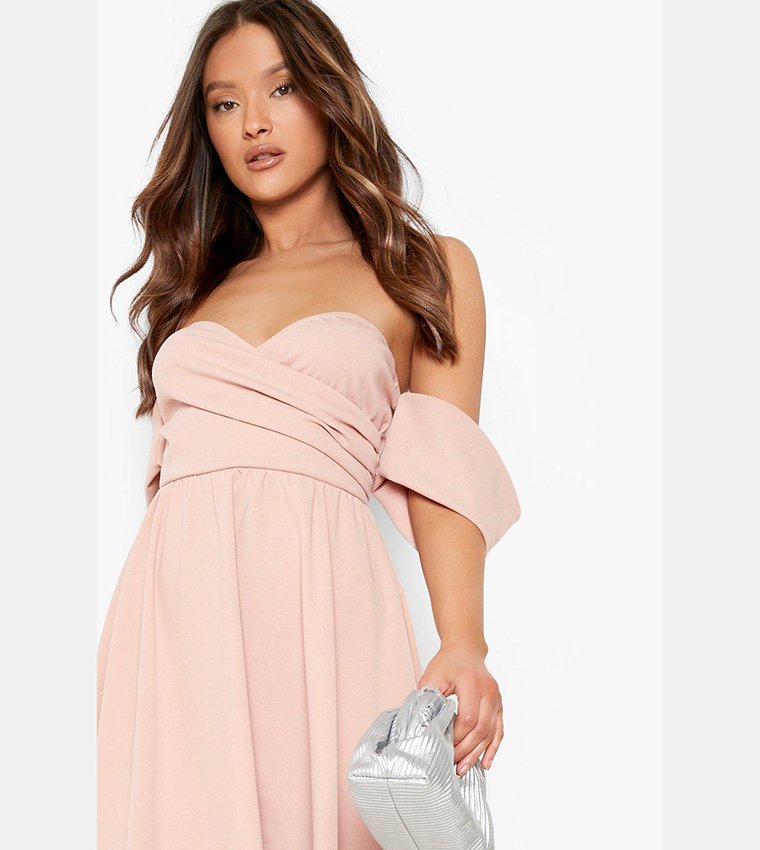 Buy Boohoo Bardot Pleat Detail Midi Skater Dress In Rose 6thstreet Qatar