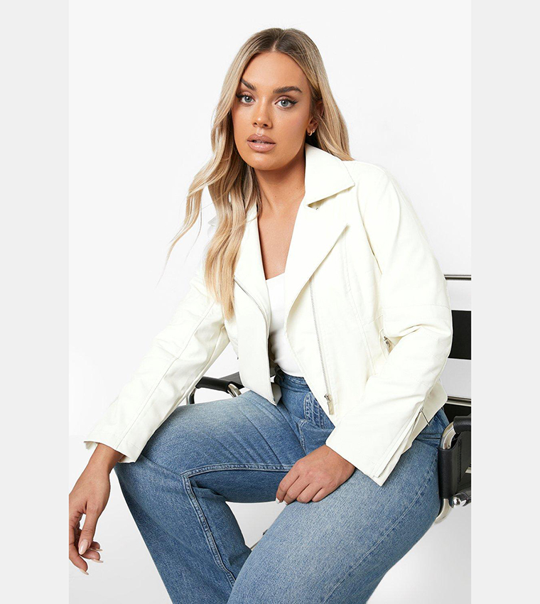 Buy Boohoo PU Biker Jacket In Ecru | 6thStreet Oman