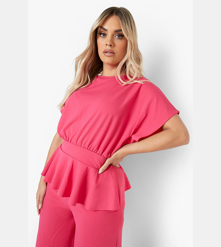 Buy Boohoo Peplum Top And Wide Leg Trousers Co Ord Set In Hot Pink ...