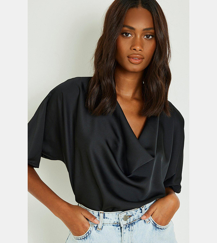 Buy Boohoo Satin Cowl Neck Short Sleeves Top In Black | 6thStreet Saudi ...
