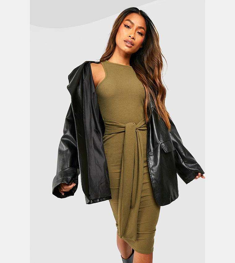 Buy Boohoo Ripple Rib Racer Tie Front Midi Dress In Khaki 6thstreet Qatar