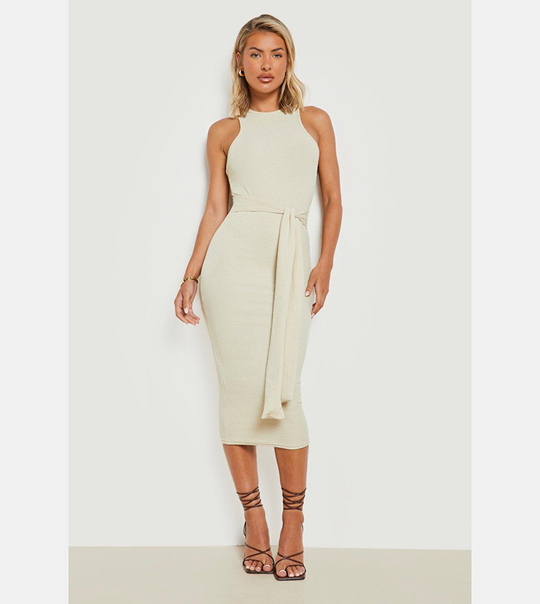 Buy Boohoo Ripple Rib Racer Tie Front Midi Dress In Beige 6thstreet Qatar