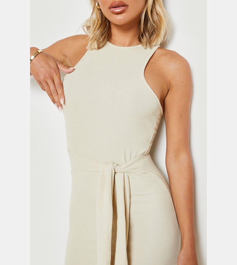 Buy Boohoo Ripple Rib Racer Tie Front Midi Dress In Beige 6thstreet Qatar