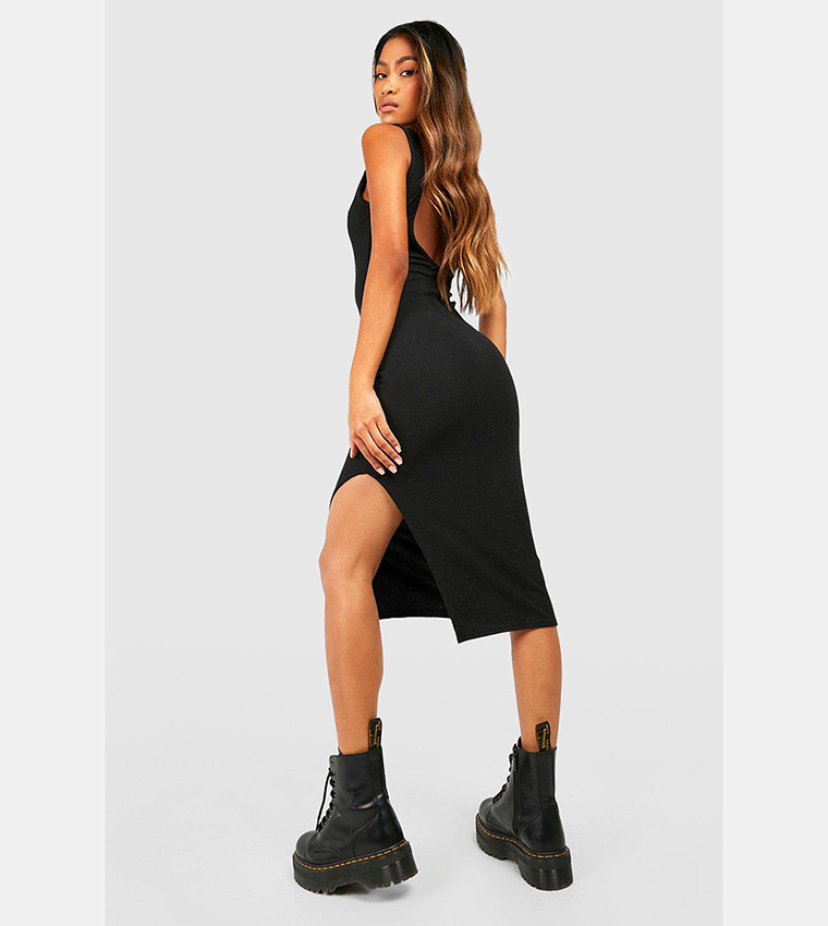 Buy Boohoo Ripple Rib Low Back Bodycon Midi Dress In Black | 6thStreet UAE