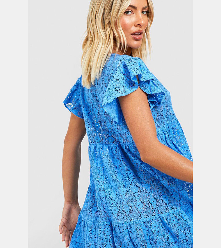 Buy Boohoo Lace Ruffle Plunge Beach Mini Dress In Blue | 6thStreet Bahrain