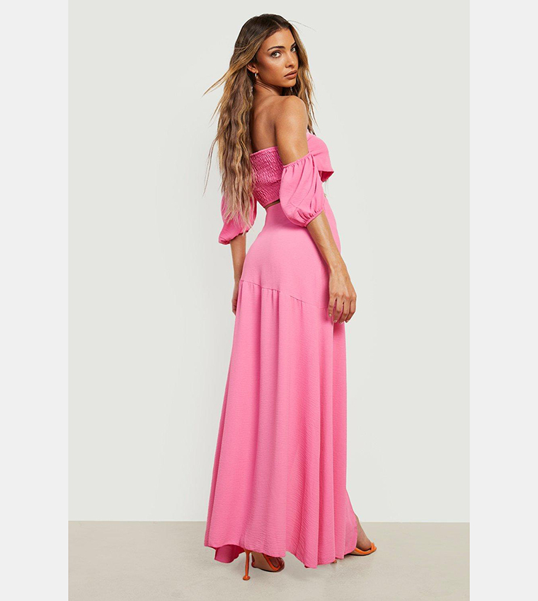 Buy Boohoo Textured Bardot Crop & Split Maxi Skirt Set In Pink ...
