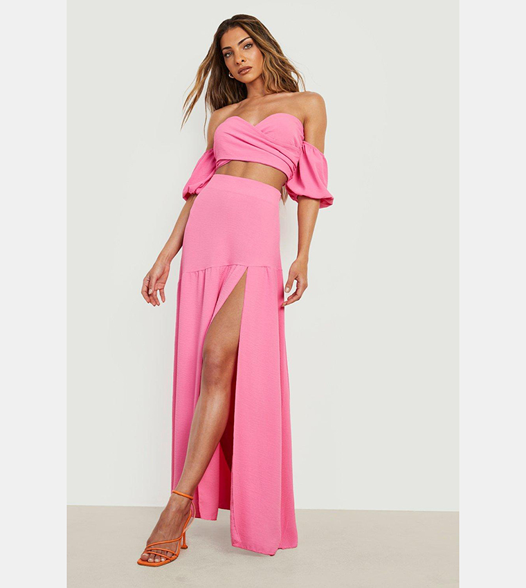 Buy Boohoo Textured Bardot Crop & Split Maxi Skirt Set In Pink ...