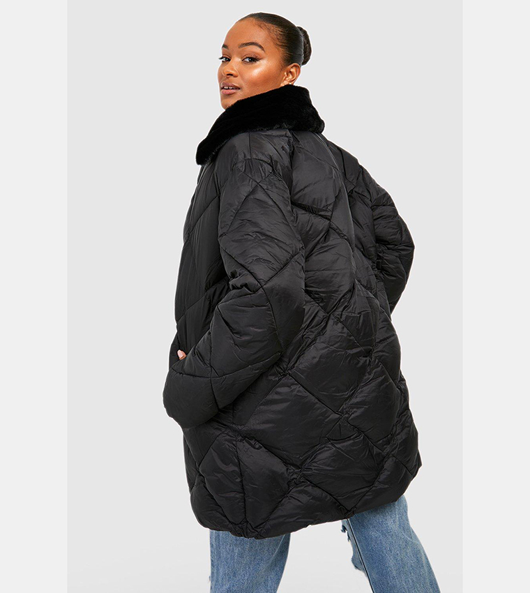 Buy Boohoo Tall Faux Fur Collar Diamond Quilt Puffer Jacket In Black | 6thStreet UAE