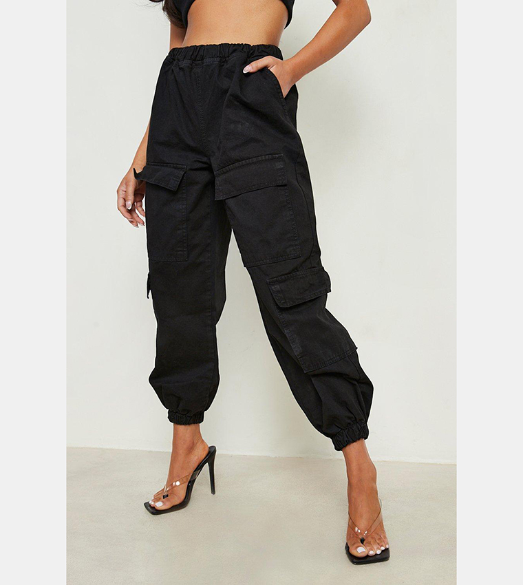 Buy Boohoo Double Pocket Cuffed Cargo Joggers In Black | 6thStreet Qatar