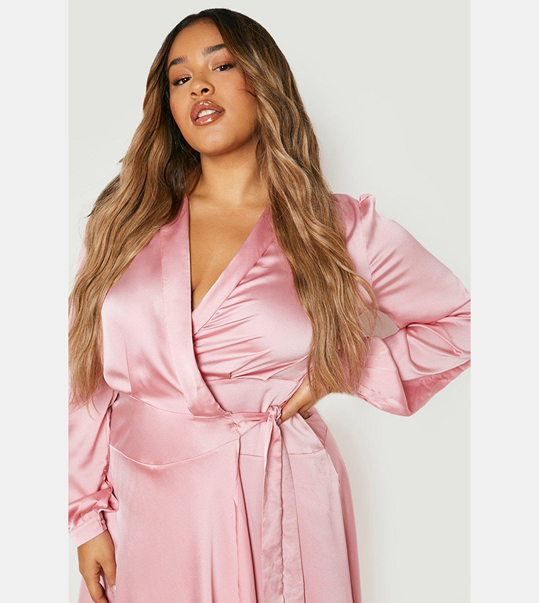 Buy Boohoo Satin Wrap Detail Midi Skater Dress In Pink 6thstreet Qatar