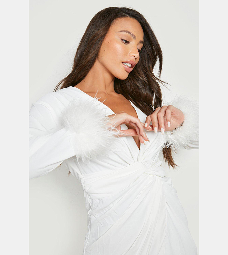 Buy Boohoo Tall Feather Trim Twist Detail Midi Dress In White ...