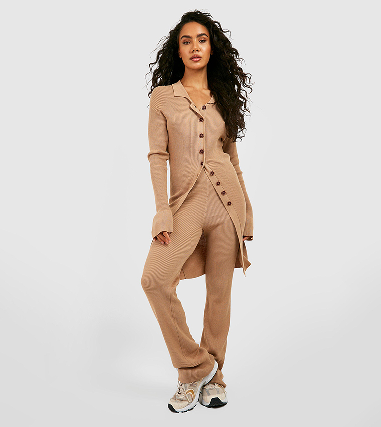 Buy Boohoo Long Cardigan And Wide Leg Knitted Set In Beige | 6thStreet ...