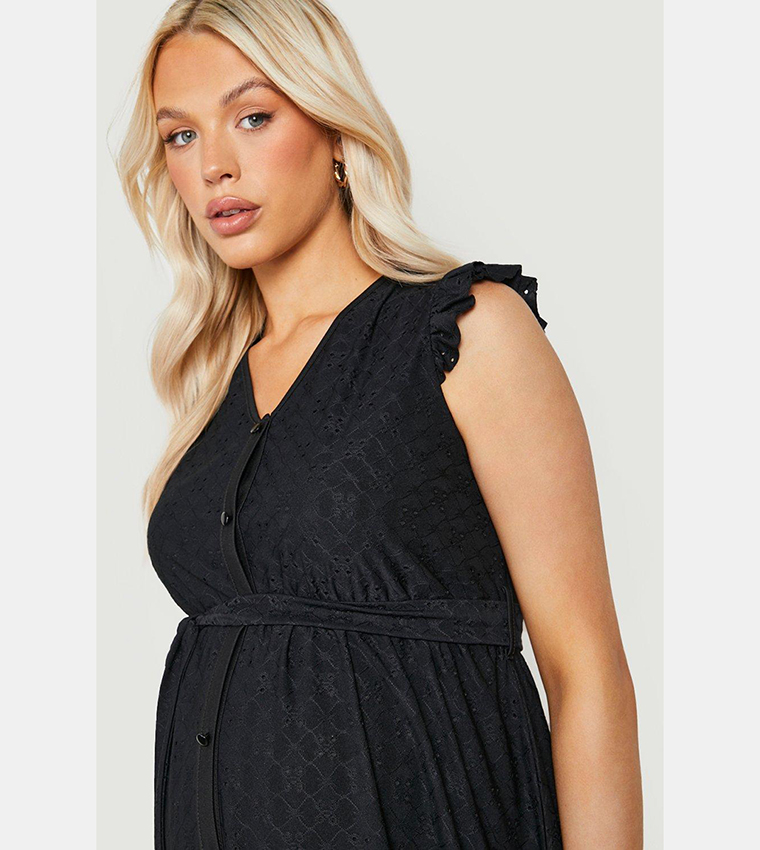 Buy Boohoo Maternity Broderie Button Down Midi Dress In Black ...